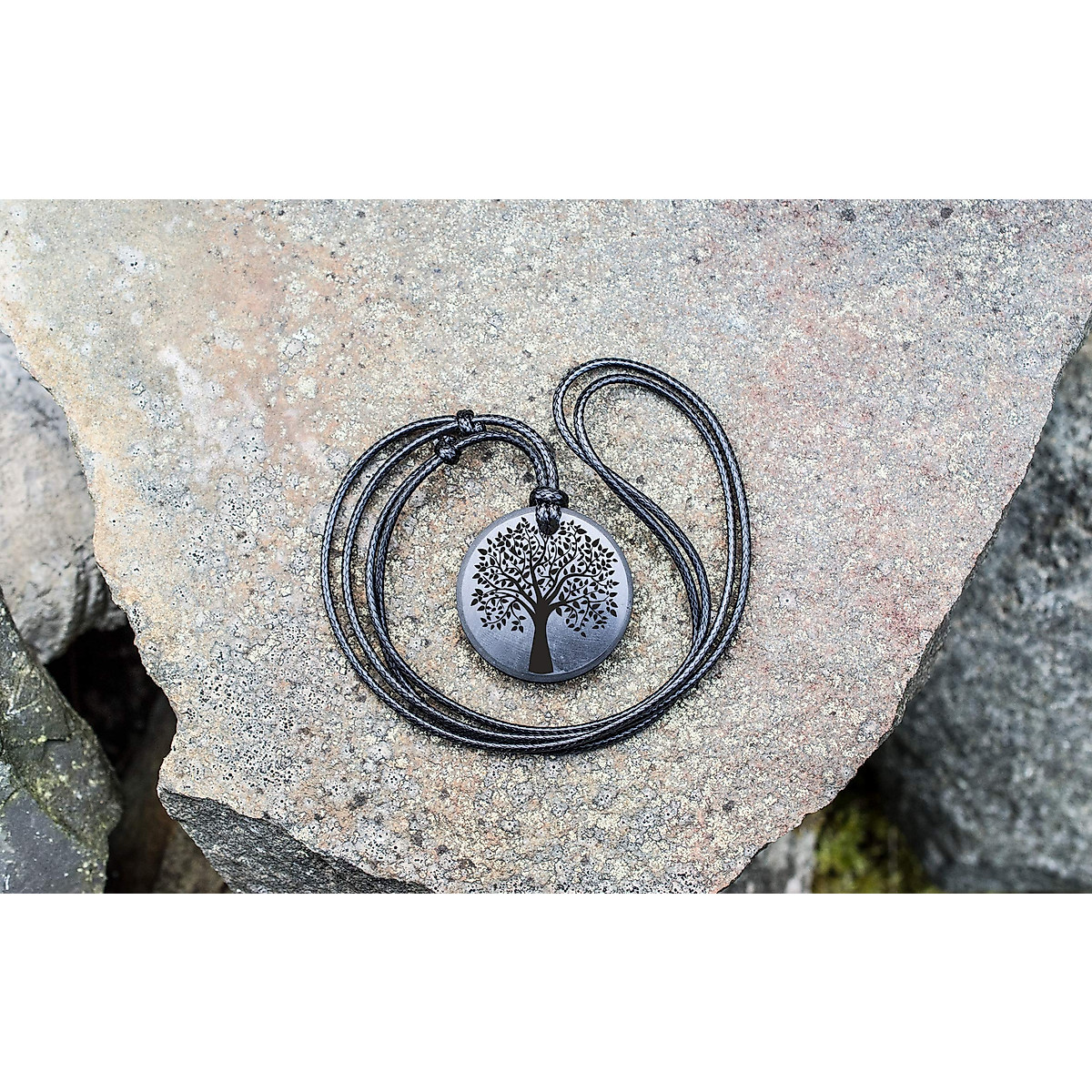 Wallystone Gems Shungite Pendant Engraving Sacred Geometry - Circle The Tree of Life
