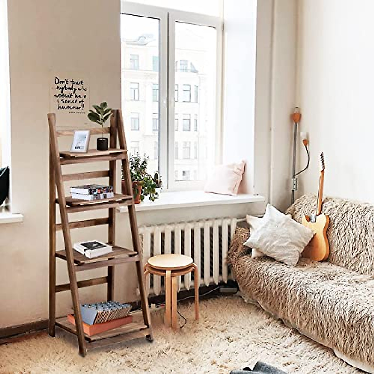 ECOMEX 4 Tier Ladder Shelf, Wooden Ladder Shelf 4 Tier Bookshelf Rustic Foldable Ladder Shelf Storage Rack for Home Bedroom Office, Brown