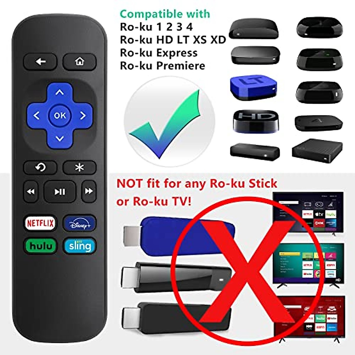 LOUTOC Universal Replacement Remote Control Compatible with Roku Express, for Roku Premiere, for Roku Box, for Roku Player, for Roku 1 2 3 4 -【NOT for Stick or TV】