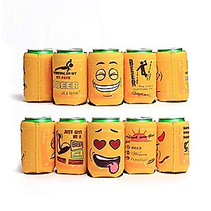 Amazing Drinkers - 10 pack funny quotes & cartoons Extra Thick yellow Neoprene Beer & beverage 12 OZ Can Sleeve Covers - Fully stitched, Trendy & Awesome for Gift or Hosting Item # 10C-YFC