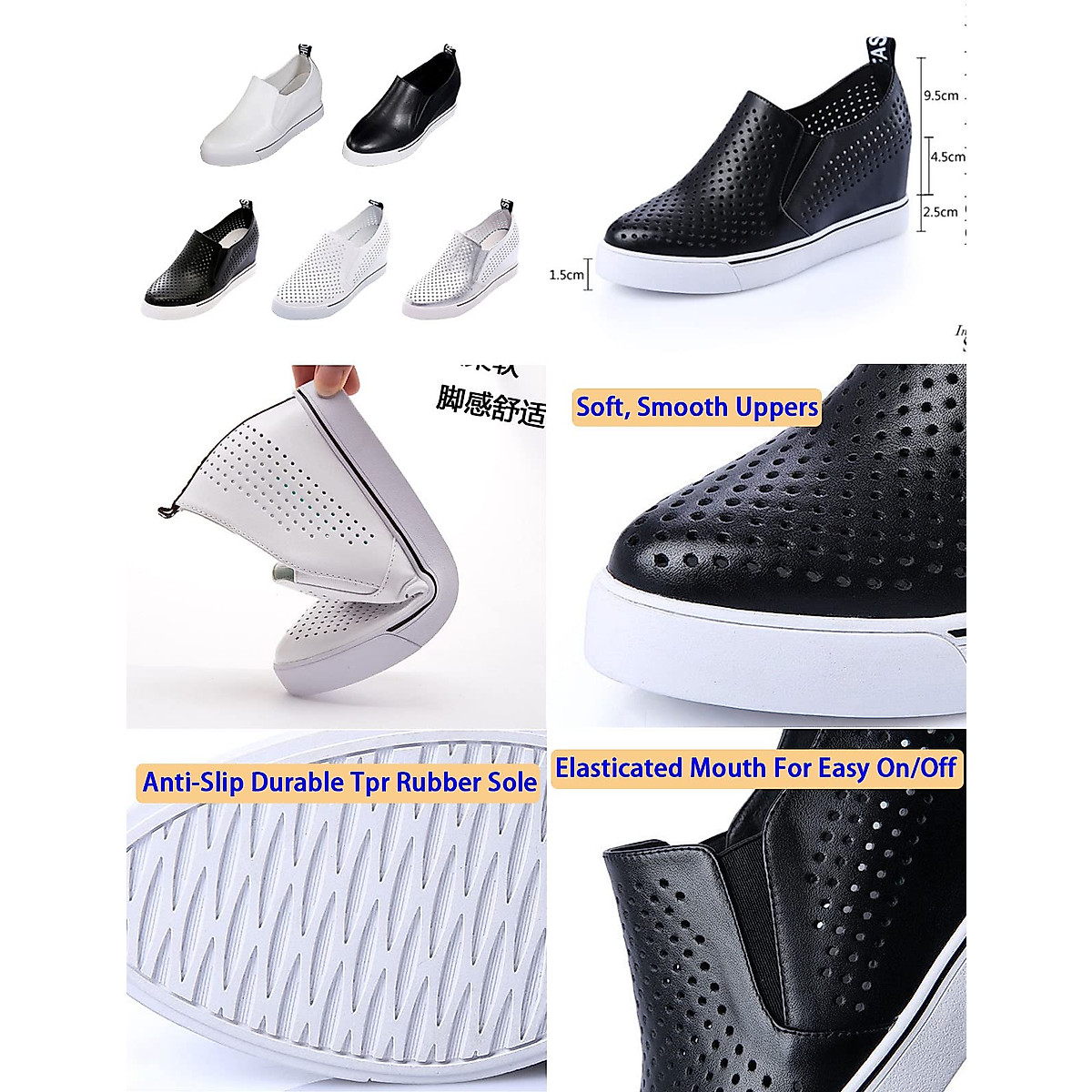 AngryMonkey Women's Hidden Wedge Sole Booties,Ankle Heels Vulcanized Hollow Breathe Comfy Slip on Sneakers Platform Shoes (4,Silver Hollow,4,Women)