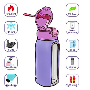 Talavan Kids antler Water Bottle 500ml 316 Stainless Steel vacuum insulated thermos with straw (Unicorn)