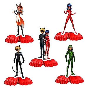 5 Pcs Miraculous Ladybug Party Honeycomb Centerpieces For Birthday Table Decorations.