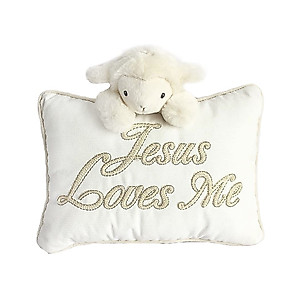 Mon Ami "Jesus Loves Me" Lamb Designer Plush Throw Pillow – 11x8”, Baby Christening Gift, Religious Gift, Dedication, Baptism Gift, Cute Room Décor