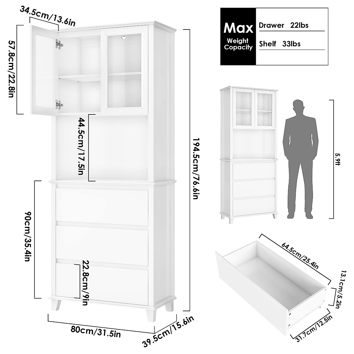 FACBOTALL 76'' Kitchen Pantry Storage Cabinet, Kitchen Buffet with Hutch, Tall Hutch Cabinet with Glass Doors, Coffee Countertop and 3 Large Drawers for Dining Living Room, White