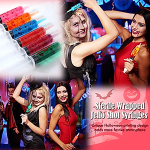 Poen 48 Pack Jelly Shot Syringes with Cap for Halloween Party 2oz 60ml Reusable Containers with Lids Plastic Tubes Boo Spooky Trick or Treat Happy Halloween Bloody Handprint Drink Syringes for Parties