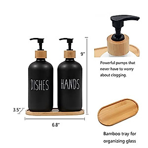 Funly mee 2 Pack Farmhouse Glass Soap Dispenser Set with Wood Tray, Hand Soap and Dish Soap Dispenser Set for Kitchen and Bathroom (Black -2pack)