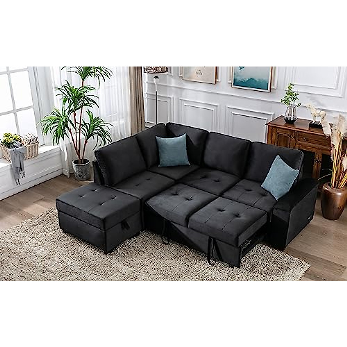 L-Shaped Corner Sleeper Sectional Sofa W/ Pull Out Cozy Sleep Couch Bed, Modern Practical Sectional & Sofa with Storage Ottoman ,Hidden Arm Storage and USB Charge for Home Apartment Living Room Sets