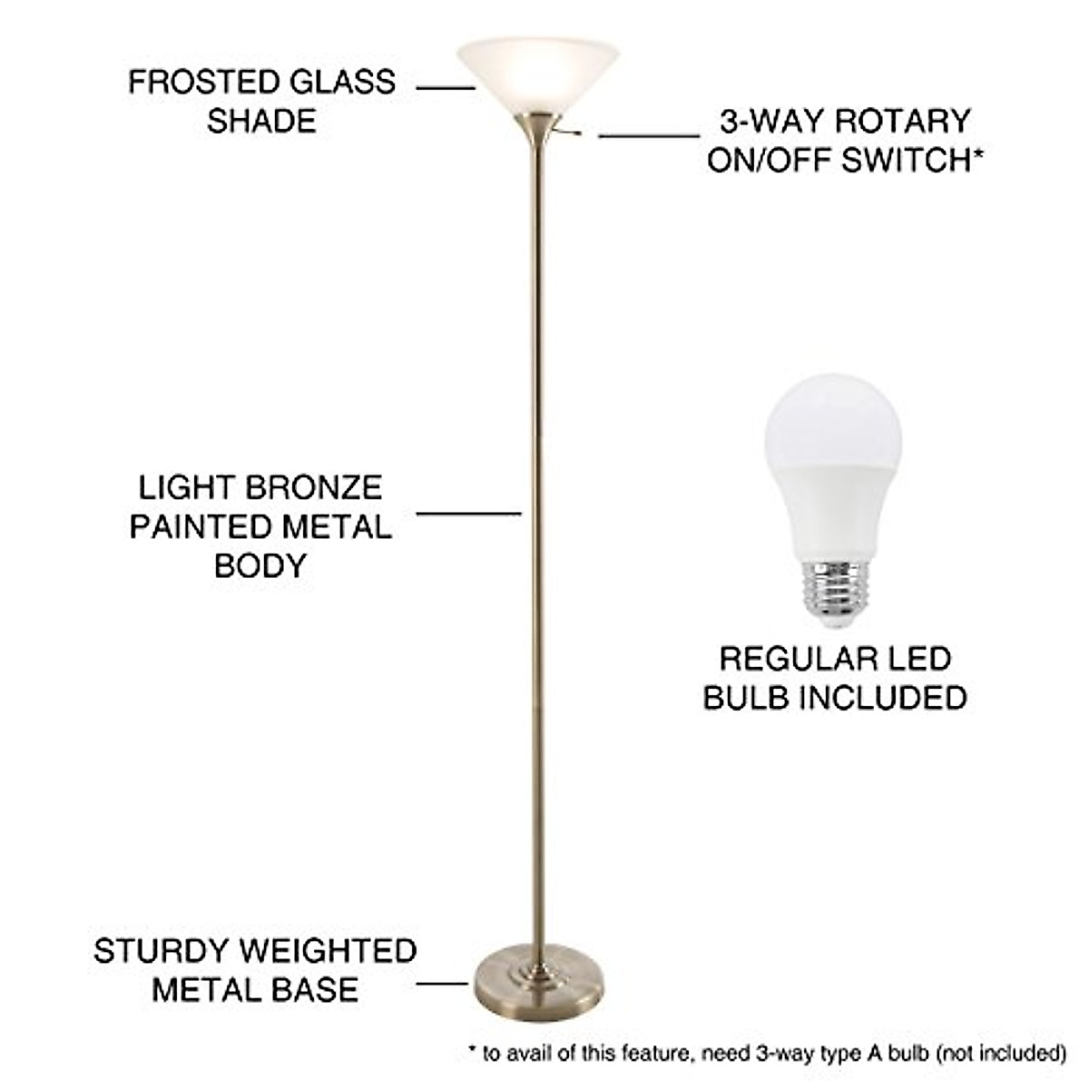Lavish Home Bronze Torchiere Floor Lamp-Standing Light with Sturdy Metal Base and Frosted Glass Shade-Energy Saving LED Bulb Included