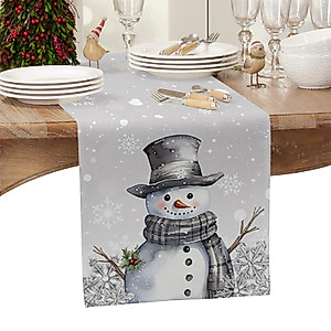 Grey Snowman Christmas Table Runner 36 Inches Long, Xmas Berry Botanical Farmhouse Dress Scarves, Winter Snowflake Dining Tablerunner for Coffee Table/Kitchen Island/Christmas Party, Small 13"x36"