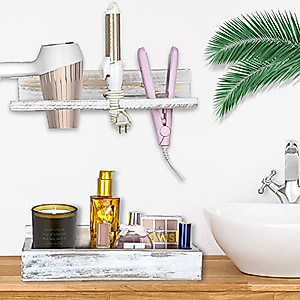 Hair Tool Organizer Wall Mounted - Wooden Hair Dryer Holder, Rustic Blow Dryer Holder for Curling Iron, Hot Tools, Hair Straighteners, Set of 2 Bathroom Vanity Tray for Makeup,Toiletries, White