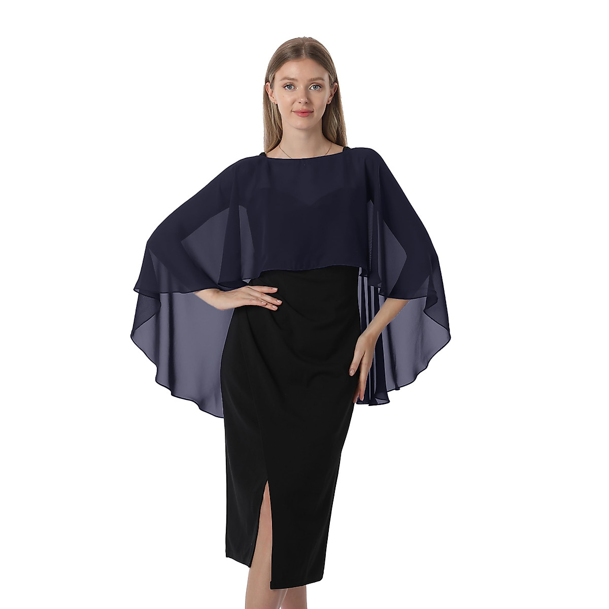 Hotshawl Capelets for women Chiffon Cape Shawls and Wraps for Evening Dress Wedding Capes Cover Up (Navy)