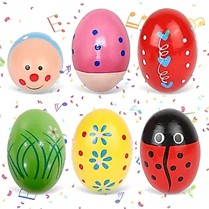6 Pack Wooden Percussion Musical Easter Eggs Shakers - Colorful Hand-Painted Instruments for Kids, Ideal for Christmas Stocking Stuffers, Birthday Gifts, Easter Day Party Favors, and Spring Crafts