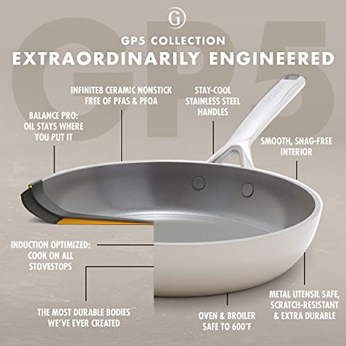 GreenPan GP5 Hard Anodized Healthy Ceramic Nonstick 14 Piece Cookware Pots and Pans Set,Heavy Gauge Scratch Resistant,Stay-Flat Surface, Induction, Mirror Finish Handle,Oven Safe,PFAS-Free,Taupe