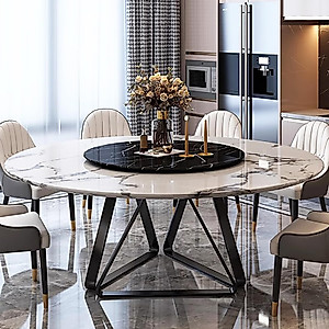 Marble Round Dining Table with Lazy Susan,Modern Kitchen & Dining Room Tables with Metal Base,Premium Circle Dining Table Pedestal Dining-Table Only(59.1" L x 59.1" W x 29.5" H, White & Black)