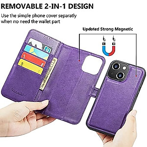 Vanxiliiy iPhone 13 Case Wallet - Strong Magnetic Detachable, RFID Blocking Card Holder, Slim PU Leather Flip 6.1" - Purple