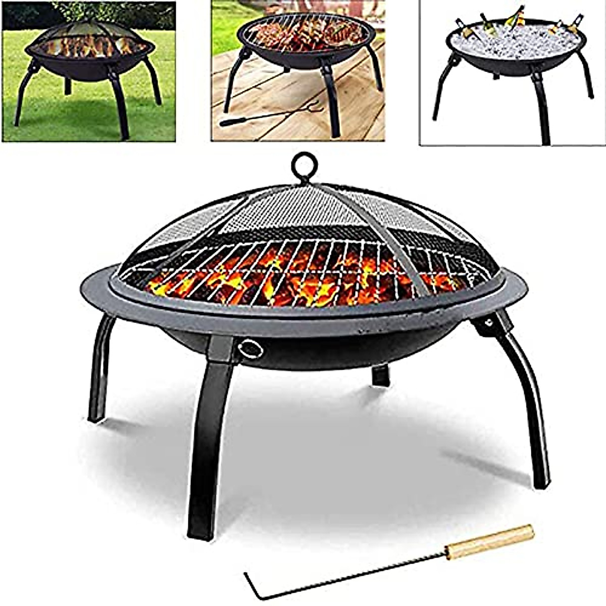 NaoSIn-Ni Outdoor Fire Pit, Steel Foldable Fire Pit Garden Patio Heater BBQ, with Spark Screen, Fireplace Poker