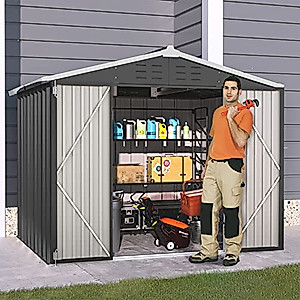 UDPATIO Outdoor Storage Shed 8x6 FT, Metal Garden Shed for Bike, Garbage Can, Tool, Lawnmower, Outside Sheds & Outdoor Storage Galvanized Steel with Lockable Door for Backyard, Patio, Lawn, Dark Grey