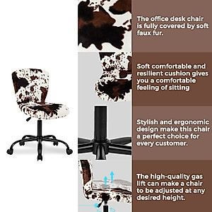 LEEJAY Brown Milk Cow Print Desk Chair for Adults, Armless Swivel Office Task Chair with Black Legs, Fluffy Faux Fur Furry Chair for Bedroom, Mid-Back Fancy Computer Chair, 17.3"x19.3" Seat