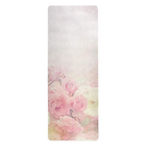OTVEE Pink And White Roses Flowers Yoga Mat for Women Non Slip Ultra Thin 1 MM Travel Yoga Mat with Carrying Bag Suede Fitness Exercise Mat for Yoga Pilates Workout Routines Camping