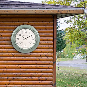 La Crosse Clock 433-3846 18 in. Indoor/Outdoor Sage Green Quartz Wall Clock with Temperature & Humidity