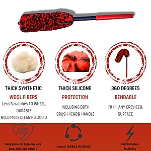 Professional 4 Pack Long Handle Wheel Brush Kit for Cleaning Wheel and Tire- 2X Soft Wheel Woolies Cleaning Brush, Detailing Brush and Stiff Tire Brush, Bendable& Durable Wheel Rim Cleaner Brush Set