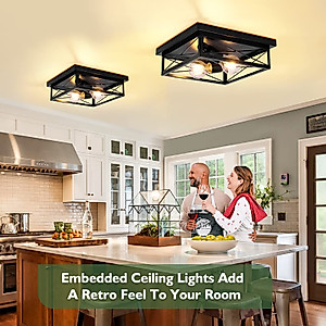 ONELEJA Black Rustic Flush Mount Ceiling Light Fixture, 2 lights Industrial Square Metal Cage Farmhouse Ceiling Light for Hallway Entryway Kitchen Bedroom Porch