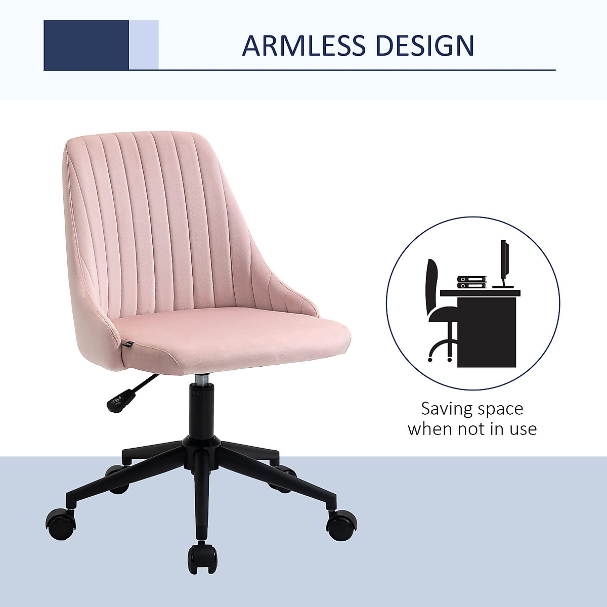 Vinsetto Mid-Back Office Chair, Velvet Fabric Swivel Scallop Shape Computer Desk Chair for Home Office or Bedroom, Pink