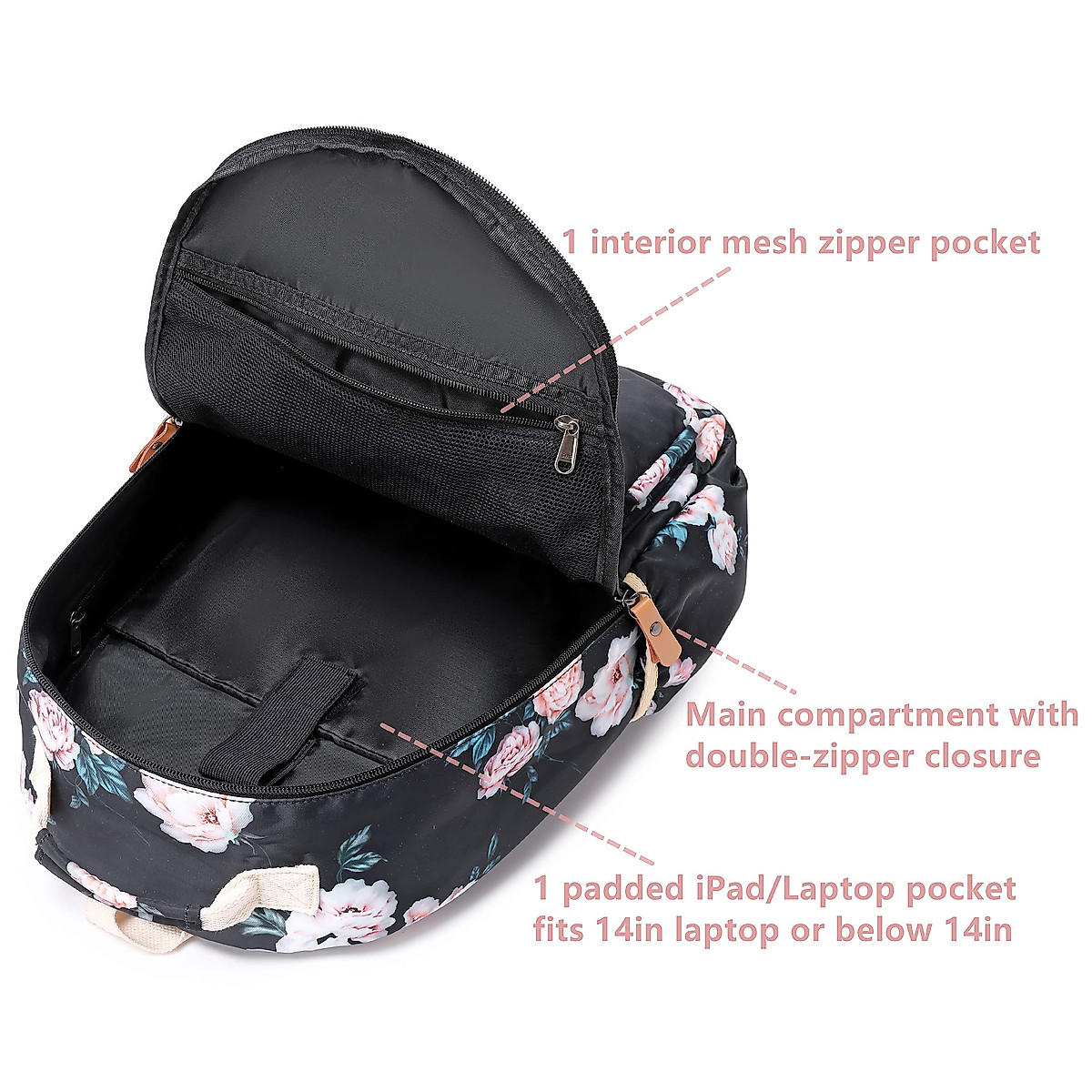 Leaper Floral School Backpack Girls Bookbag Daypack USB Charging Port Black-2