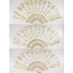 12 Pc Mix Spanish Style White and Gold Glitter Floral Pattern Folding Fan for Wedding Party Decor/Sweet 15 favors/Dancing Hand Fan/Table Setting/Wall Decoration/Out Door Wedding/Wedding Gift