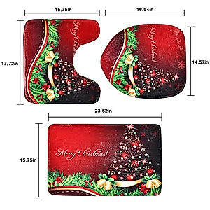 Uspring 4 Pcs Merry Christmas Shower Curtain Sets with Non-Slip Rugs, Bath Mat, Toilet Lid Cover and 12 Hooks, Xmas Tree Ball Snowflake Red Shower Curtain for Christmas Decoration