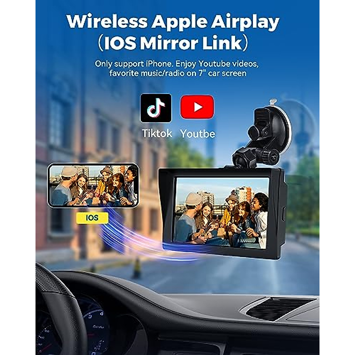 Portable Car Stereo Wireless Apple Carplay Android Auto with 7" HD IPS Touch Screen Car Radio Audio Receivers Bluetooth5.0, AirPlay, GPS Navigation for Car, Siri/Google Assistant, Calling, AUX/FM