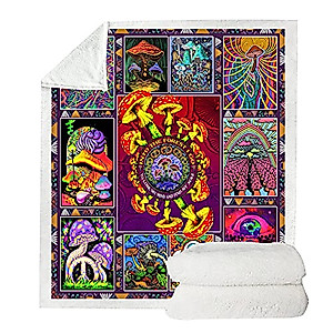 Trippy Mushroom Blanket Hippie Plant Throw Blankets for Couch Trippy Sherpa Fleece Blankets Soft Cotton Fuzzy Blanket Wool Plush Blanket (Classic Purple,(59 x 79 in))