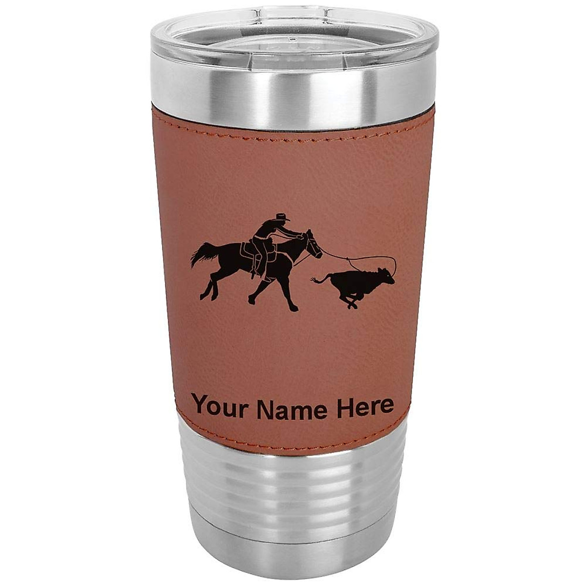 LaserGram 20oz Vacuum Insulated Tumbler Mug, Cowgirl Roping a Calf, Personalized Engraving Included (Faux Leather, Dark Brown)