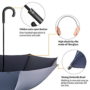 RUMBRELLA Navy Blue Hook Handle Umbrella Windproof UPF 50+, j Stick UV Umbrellas Auto Open 54IN