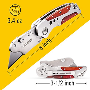 AZUNO Wood Handle Folding Utility Knife with Stainless Steel Head, Quick-change Blade & Back Lock