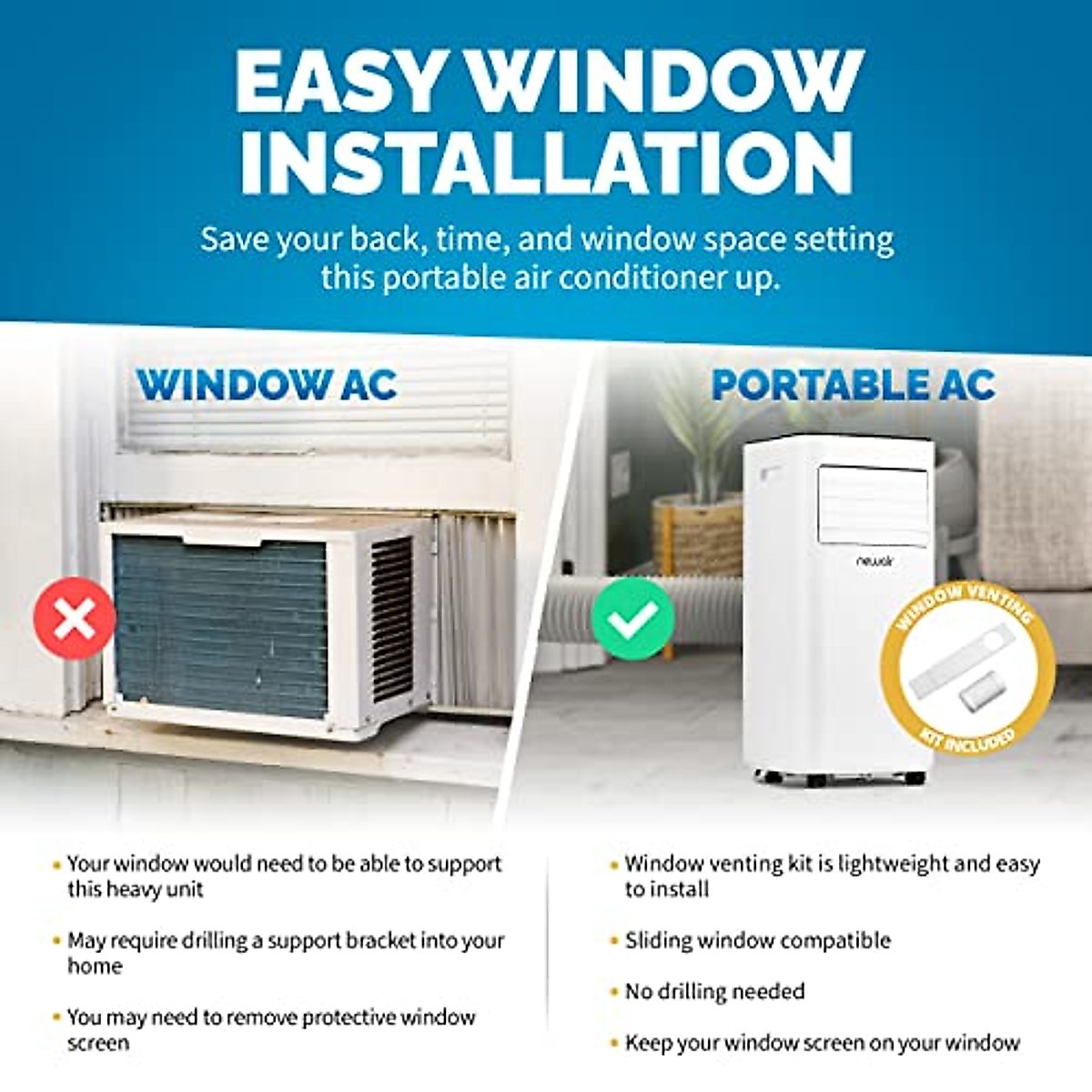 Newair Portable Air Conditioner | 10,000 BTU | White | Compact AC Design with Easy Setup Window Venting Kit, Self-Evaporative System, Quiet Operation, Dehumidifying Mode with Remote and Timer