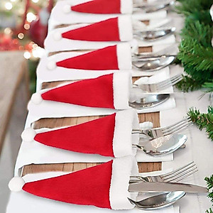 Lincang 10pcs Christmas Santa Hats Silverware Holders Mini Santa Hat Cup Bottles Cover Tableware Storage Bag for Party Table Dinner Decorations