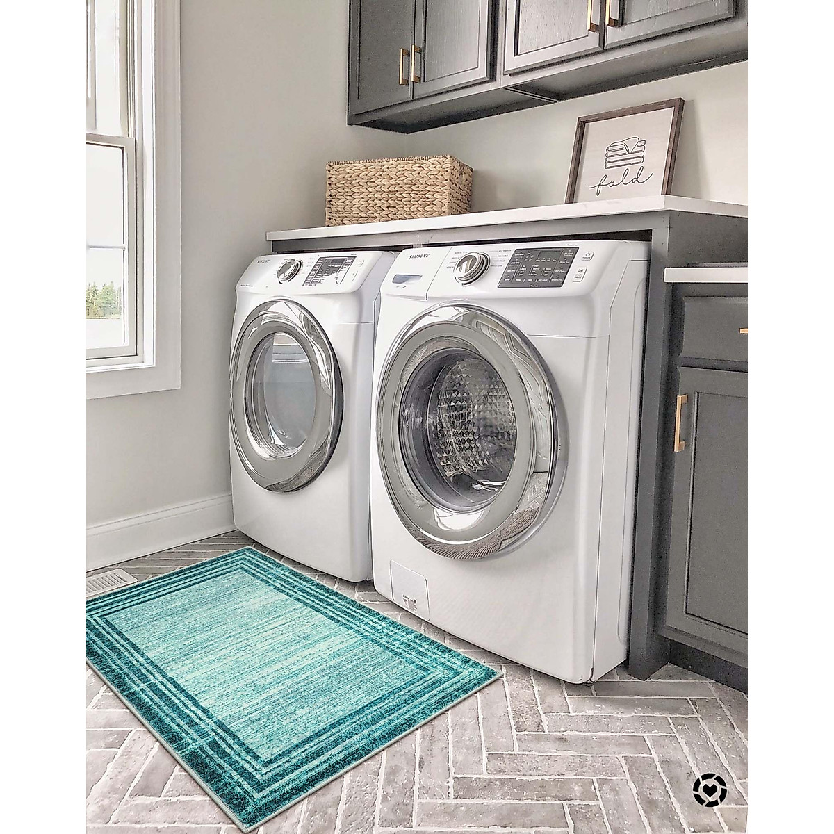Lahome Abstract 2x3 Teal Kitchen Rug,Washable Low-Pile Entry Rug Non-Slip Door Mat Indoor Entryway Rug,Modern Bordered Soft Small Bathroom Mat Throw Rug