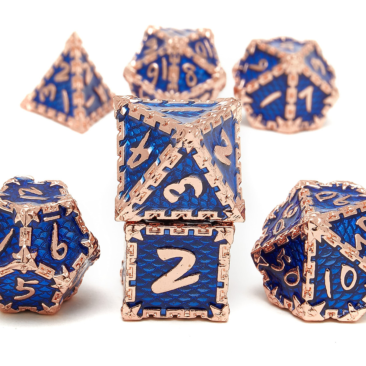 Ouyide Metal dice, DND dice Set, Dragon Skin Scale Iron Chain, Suitable for Role-Playing Dungeons and Dragons dice Set Game（Rose Gold Rim + Blue）