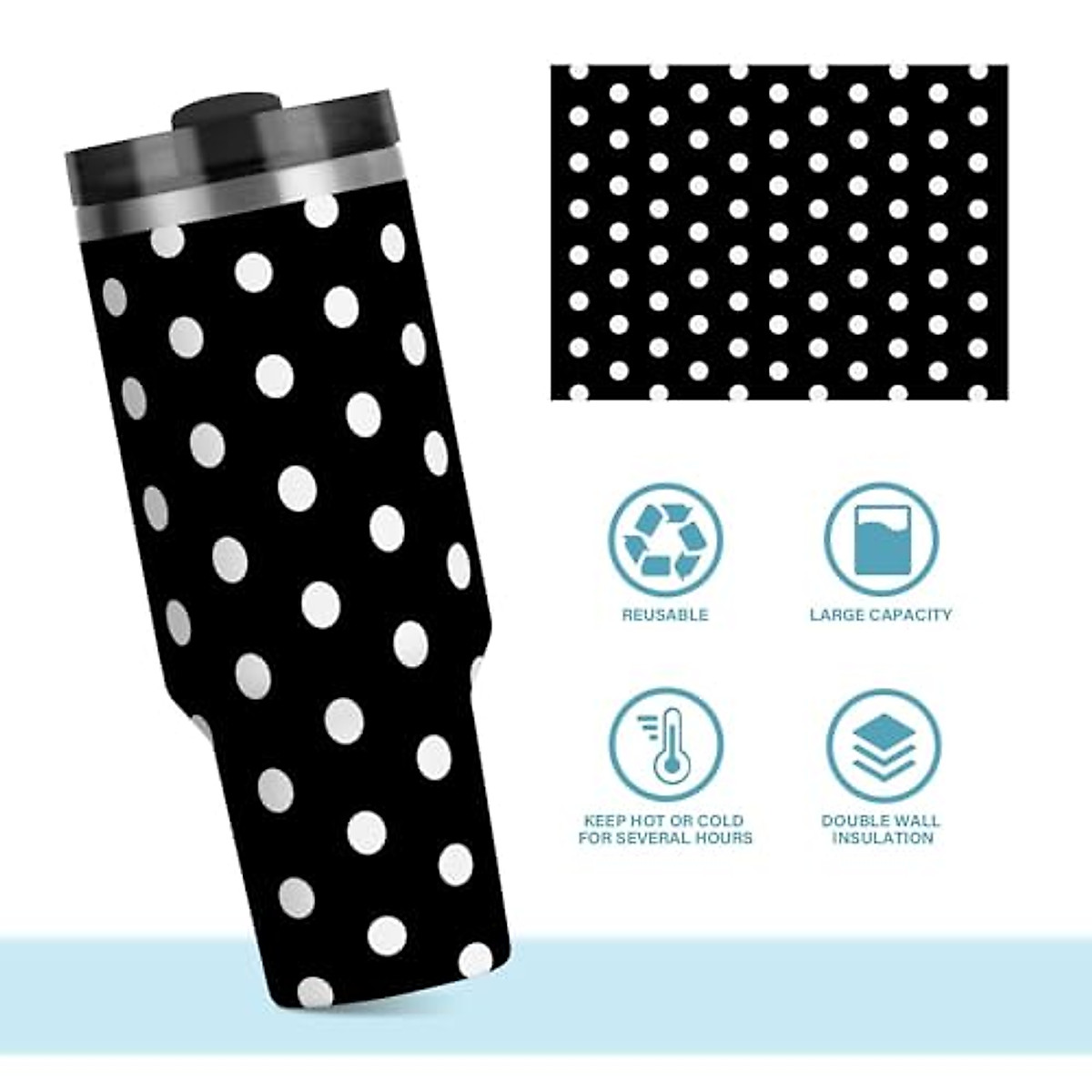 Yasala Car Tumbler with Handle Polka Dot Travel Mug Coffee Cup Insulated Beverage Container Mega Cup for Hot Cold Drinking Thermos Water Bottle Cupholder Friendly 40 oz