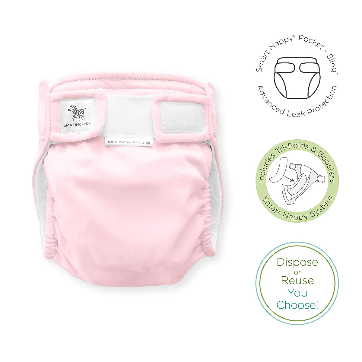 Amazing Baby Hybrid Cloth Diaper Cover/Swim Diaper, Med, Sz 3 (12-25 lbs), Use Boosties Disposable or Reusable Inserts, Pastel Pink, SmartNappy Set: Cover + Tri-Fold + Booster Pad