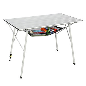 PORTAL Portable Camping Table Aluminum Folding Camp Table Roll Up Table with 1 Adjustable Leg, Mesh Layer and Carry Bag for Outdoor, Picnic, Grill, Kitchen, Silver, Large Space (47.2 x 27.6 inch)