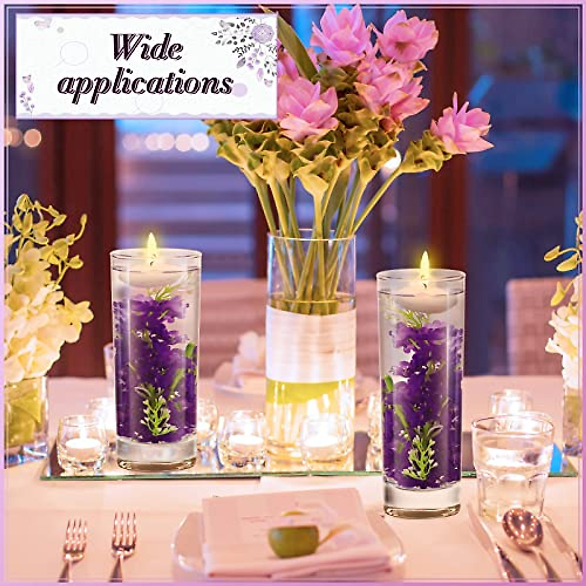24 Set Artificial Faux Flowers for Floating Candles Centerpiece 12 Unscented Floating Candles and 12 Flower Vase Filler Table Centerpiece for Wedding Party Table Home Decor (Purple)