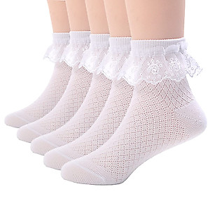 Looching 4/5 Pair Baby Girls Eyelet Ruffle Cotton Lace Socks White Princess Dress Socks For Toddler Kids Child 1-10 Years (as1, age, 8_years, 10_years, White)