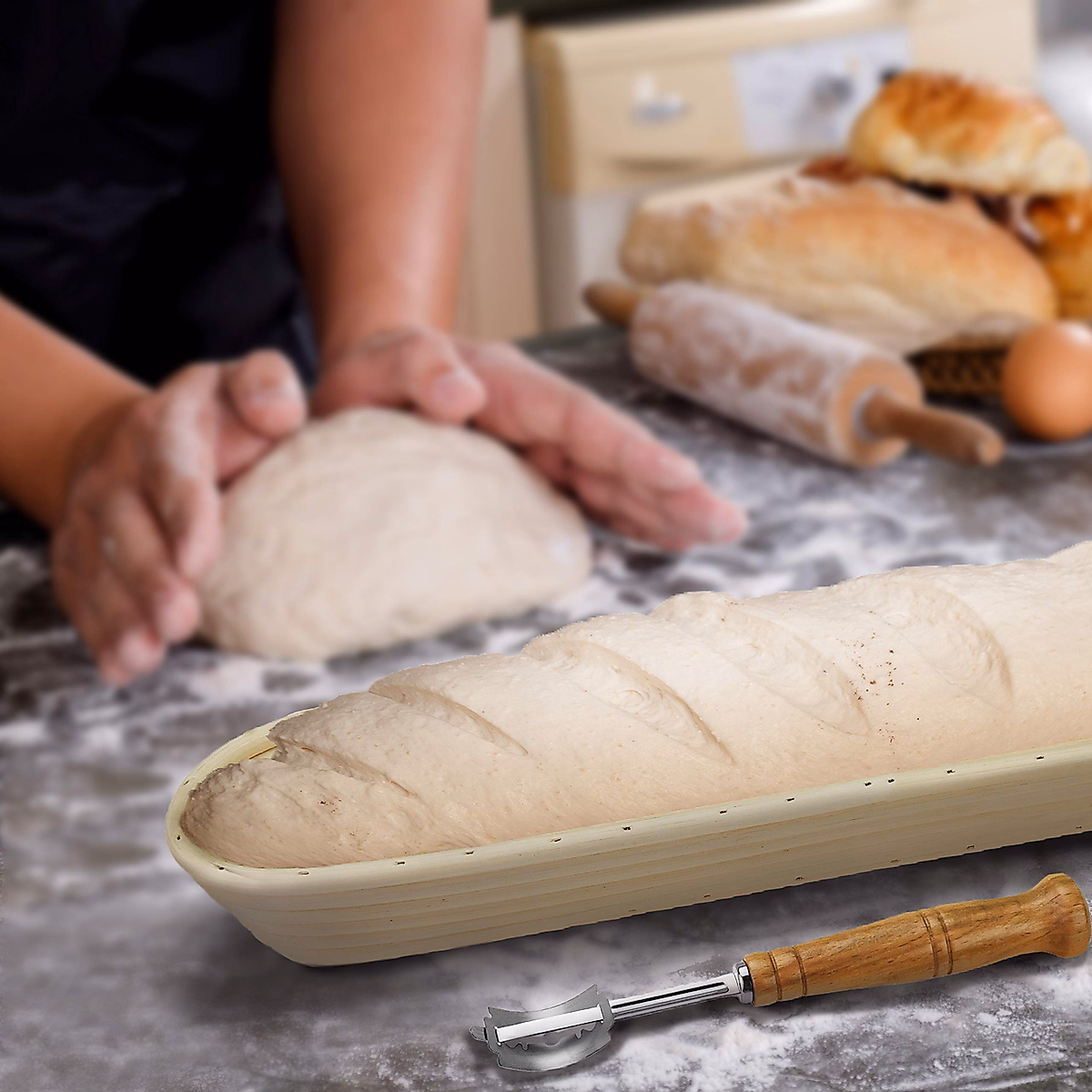 17 Inch Long Baguette Banneton Bread Proofing Basket and Linen Liner Set Premium Sourdough French Proofing Basket with Dough Whisk, Bread Lame and Blades Natural Rattan Bread Fermentation Bowls