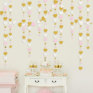 52 Ft Pink and Gold White Love Heart Garland Hanging Paper Streamer Banner for Anniversary Mother's Day Valentines Day Bachelorette Engagement Wedding Bridal Baby Shower Birthday Party Decorations