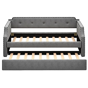 FLOYINM Upholstered Daybed with Trundle, Wood Slat Support,Upholstered Frame Sofa Bed, Twin