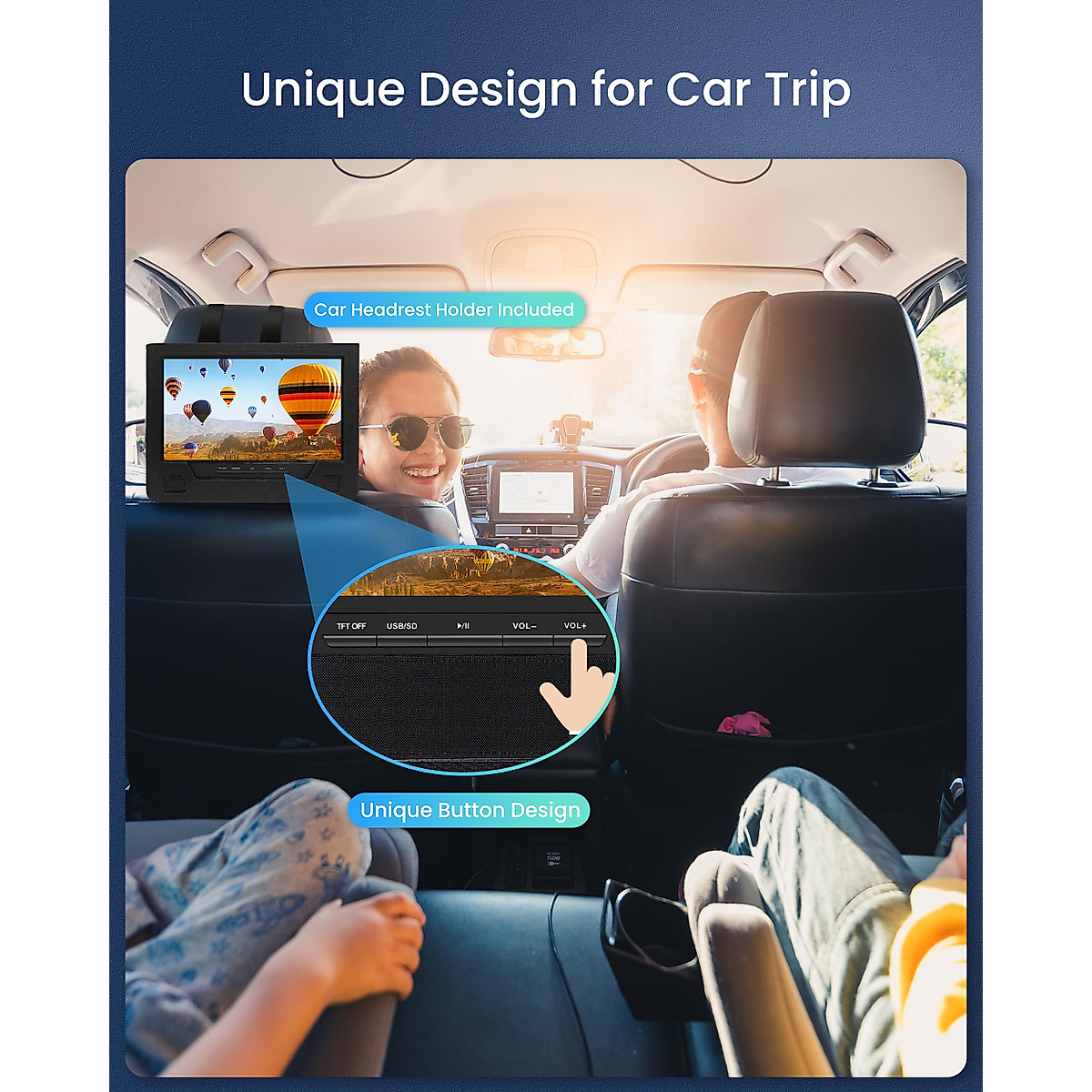 WONNIE 12.5" Portable DVD Player with 10.5" Swivel HD Screen,with Car Headrest Case,5-Hour Built-in Rechargeable Battery,Car Charger & AC Adapter, Supports USB/SD Card/Sync TV, Regions Free