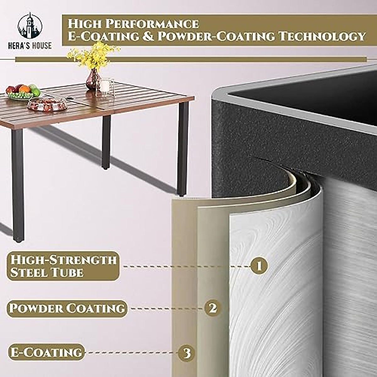 HERA'S HOUSE 7 Pieces Patio Dining Set, Outdoor Table and Chairs Set for 6, 60" Wood Look Table and 6 x Metal Patio Chairs for Backyard Lawn Garden Deck
